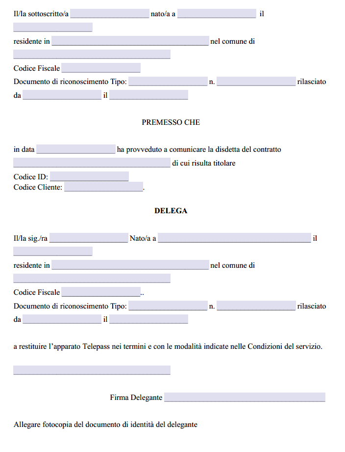 Modulo Delega Restituzione Telepass Word e PDF